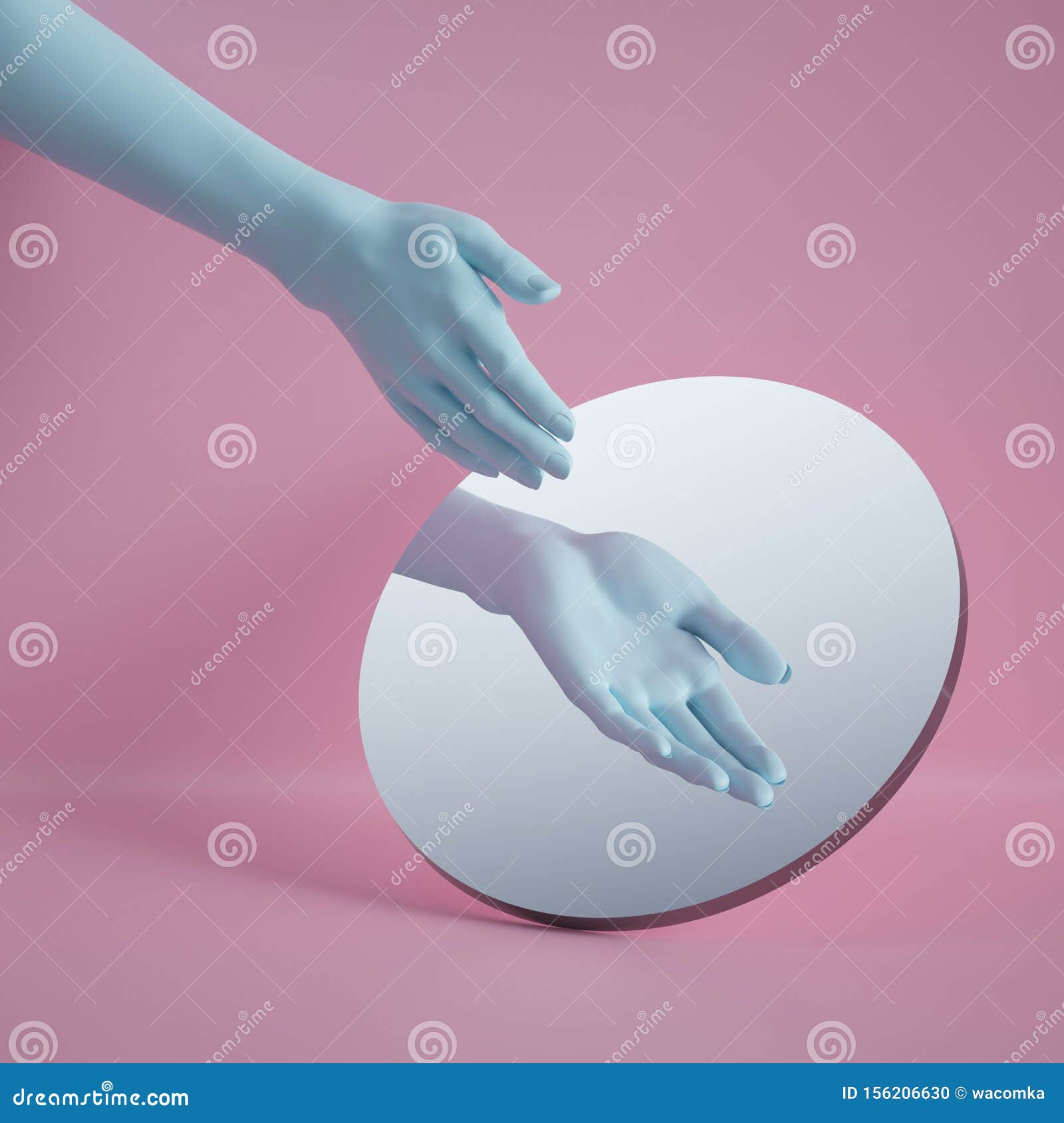 3d Render, Hand Reflection in Round Mirror Isolated on Pink Background ...