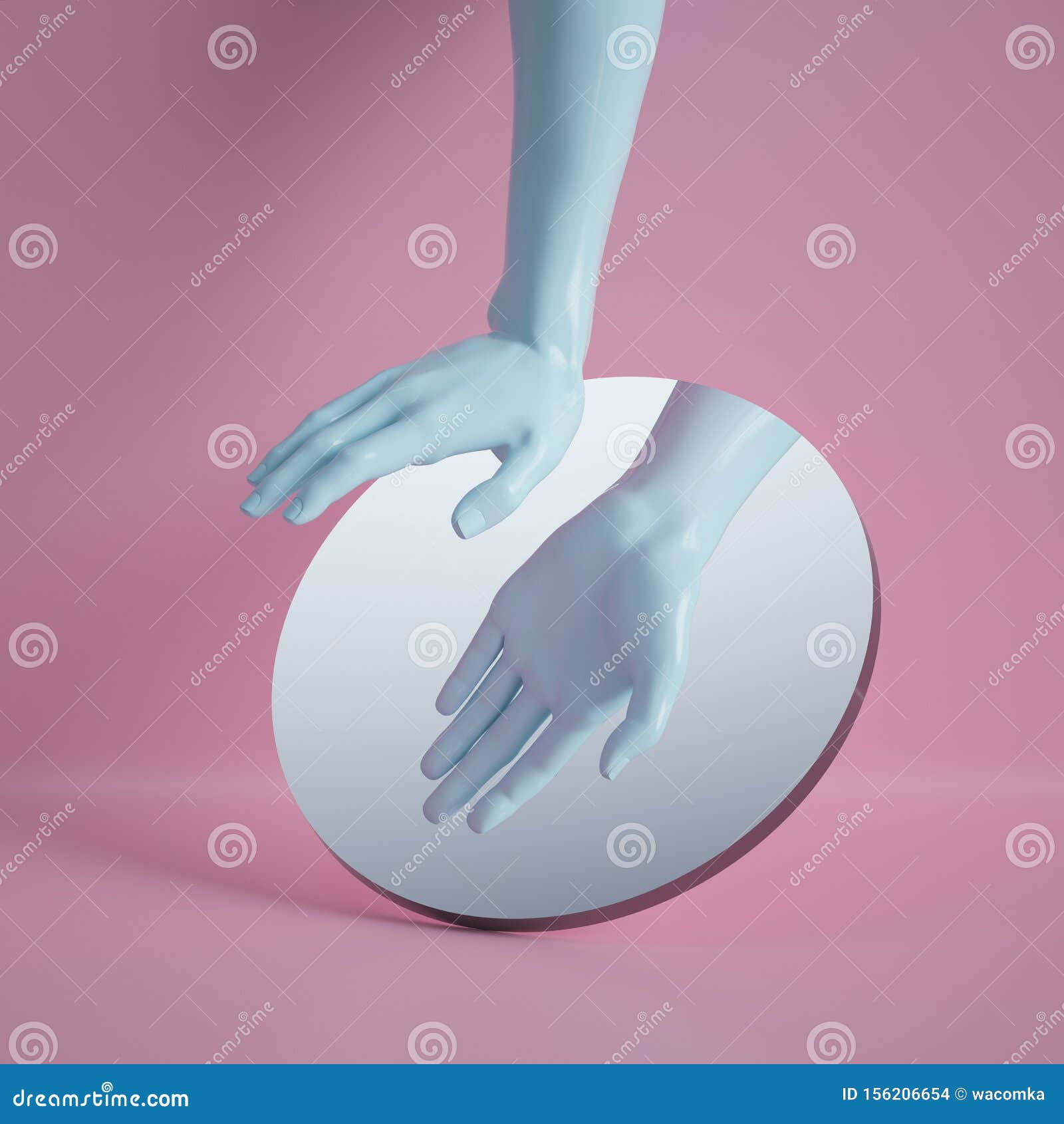 3d Render, Hand Reflection in Round Mirror Isolated on Pink Background ...