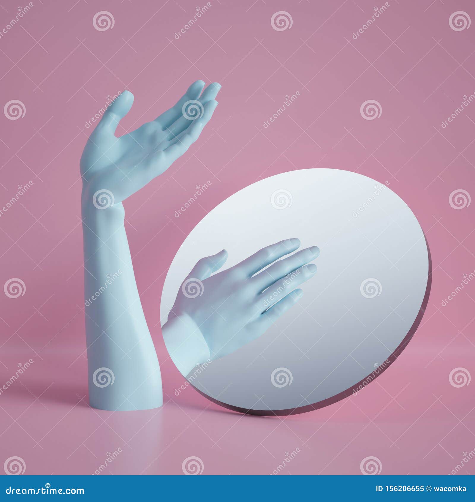 3d Render, Hand Reflection in Round Mirror Isolated on Pink Background ...
