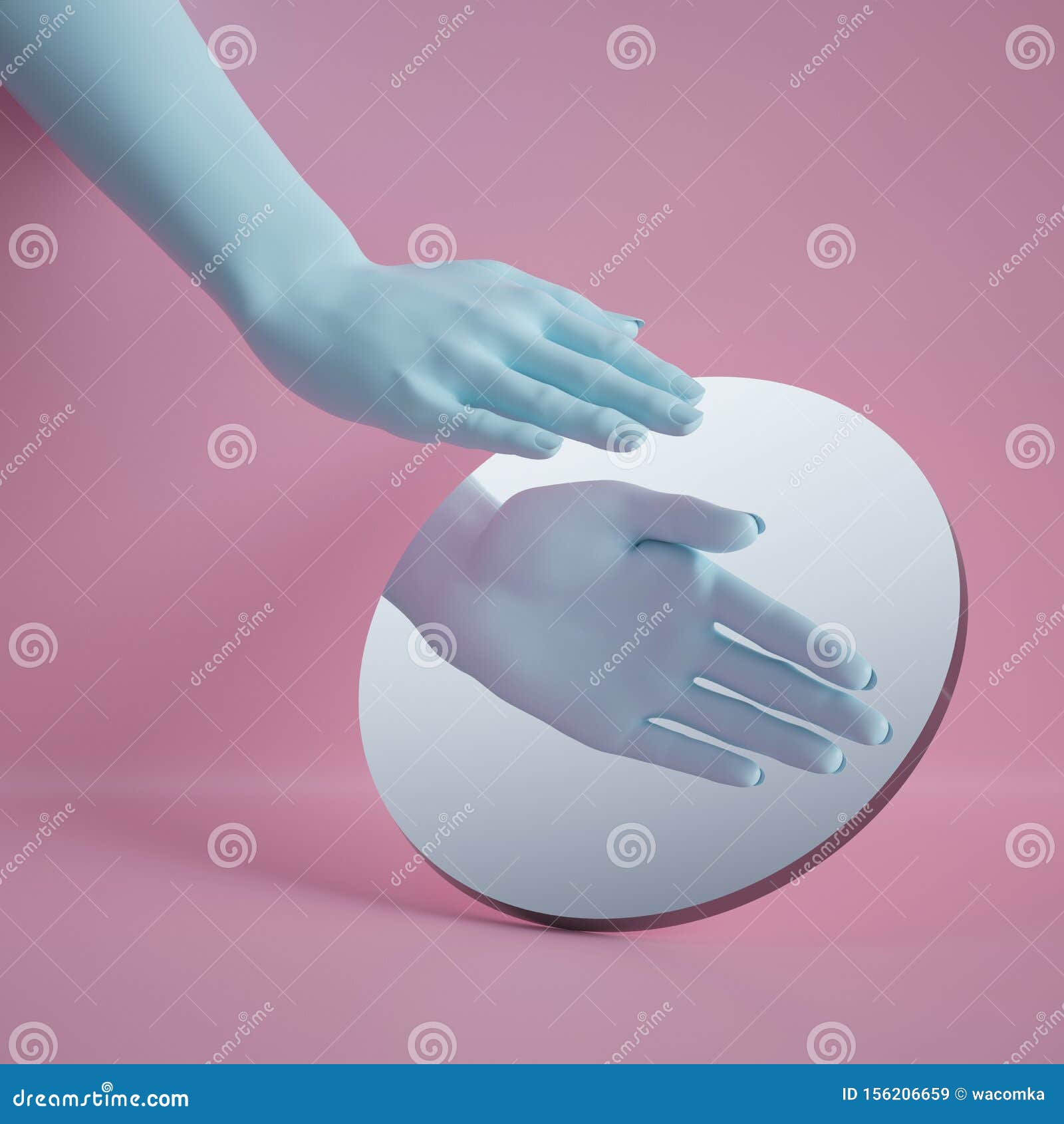 3d Render, Hand Reflection in Round Mirror Isolated on Pink Background ...