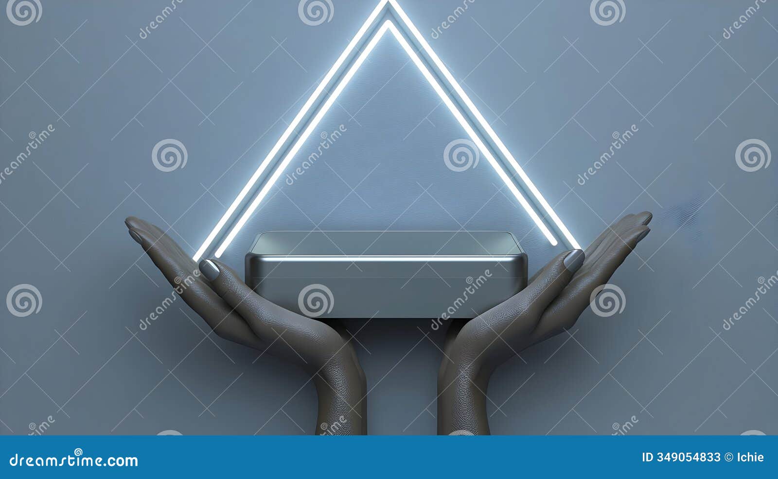 3D Render of Hands Holding a Platform with a Triangle Neon Light Stock ...