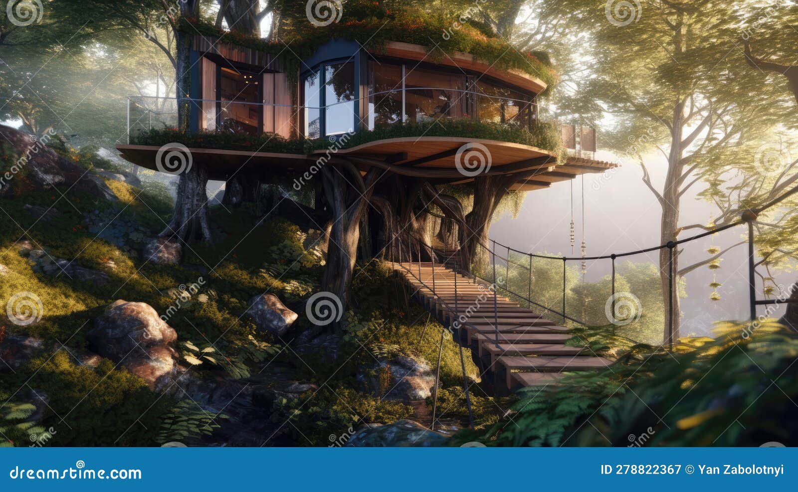 3D Render Hightech Treehouse Retreat with Vr Entertainment. Generative ...