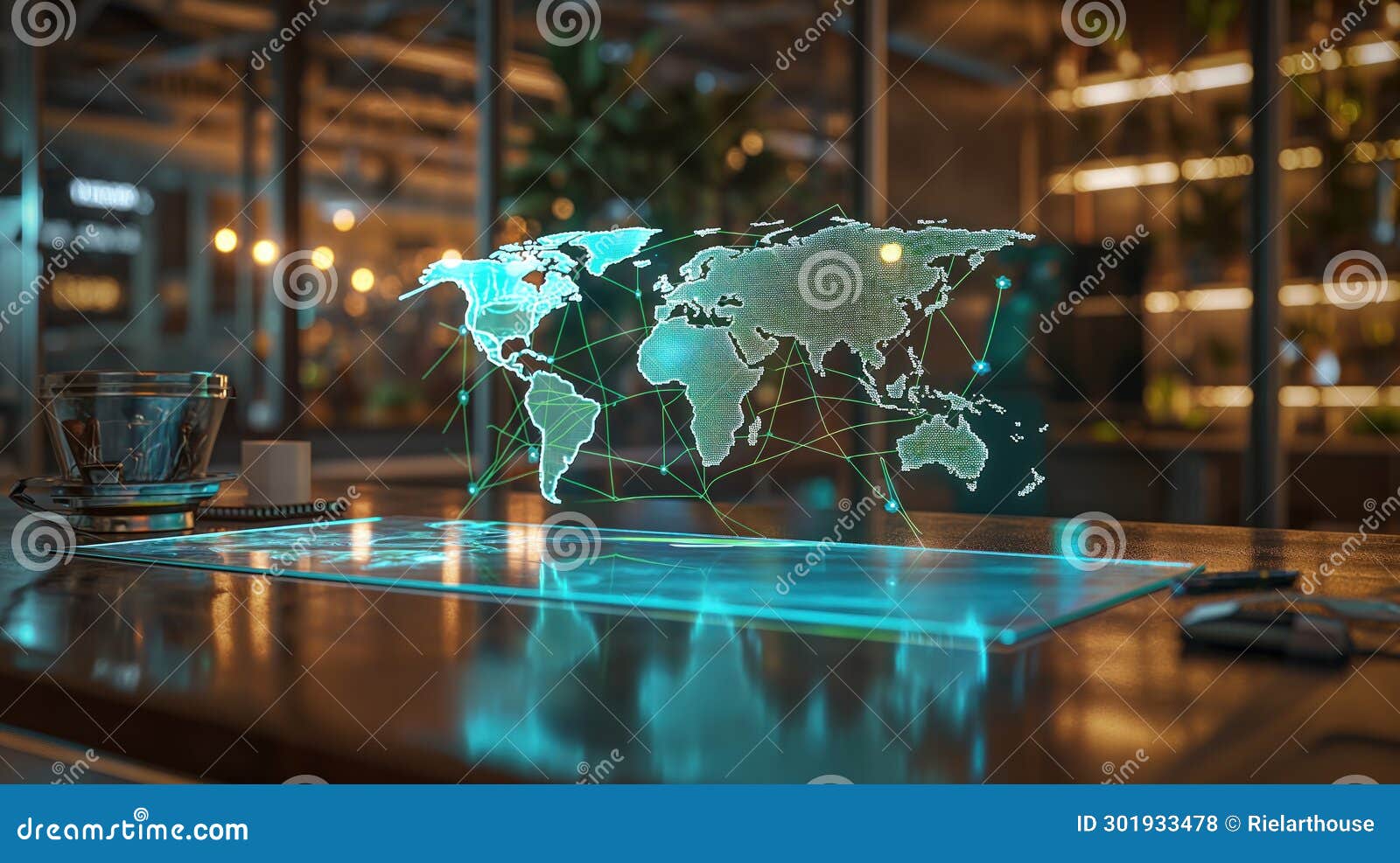 Holographic World Map on the Desk of a Business Office Stock ...