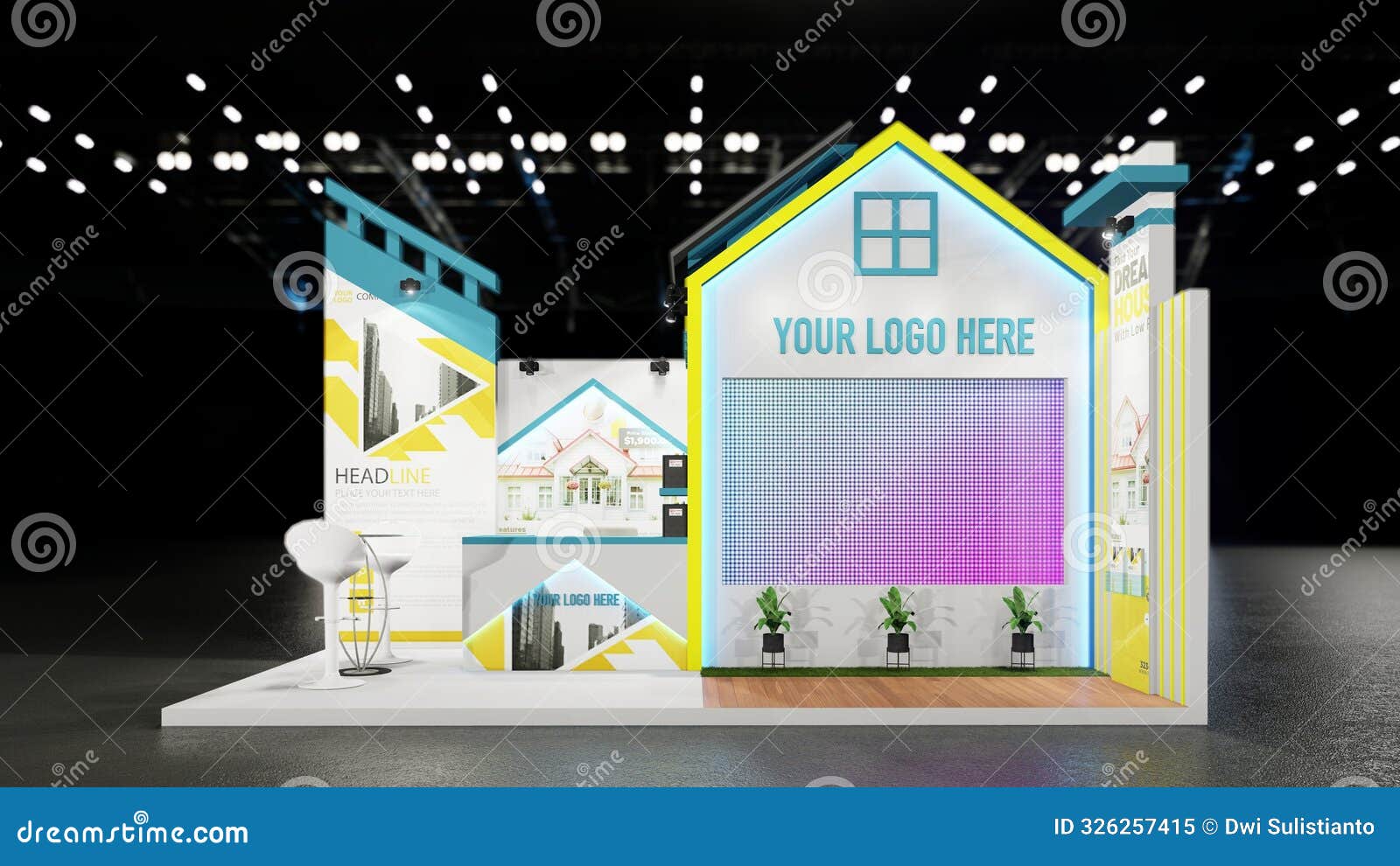 3D Render the Home-themed Solar Panel Booth, Front View Stock ...