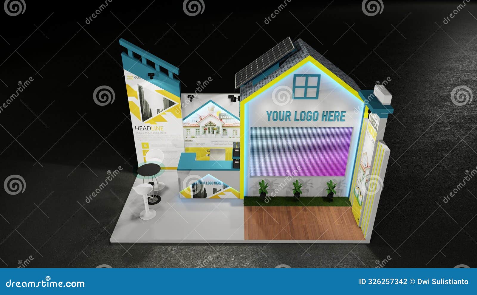 3D Render the Home-themed Solar Panel Booth, Top Front View Stock ...