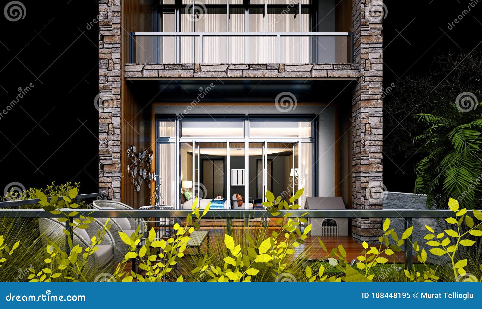 3d Render of House Balcony View at Night Stock Illustration ...