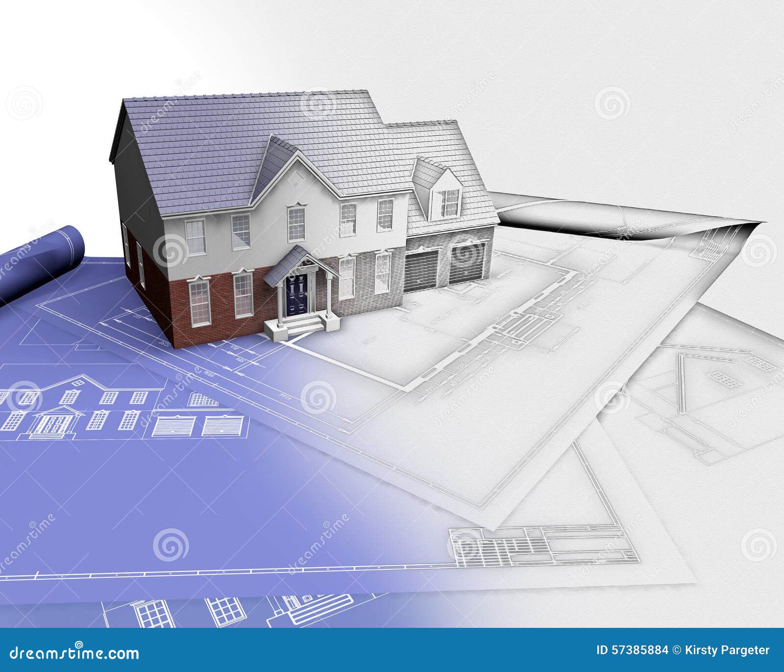 3D Render of House on Blueprints with Half in Sketch Phase Stock ...