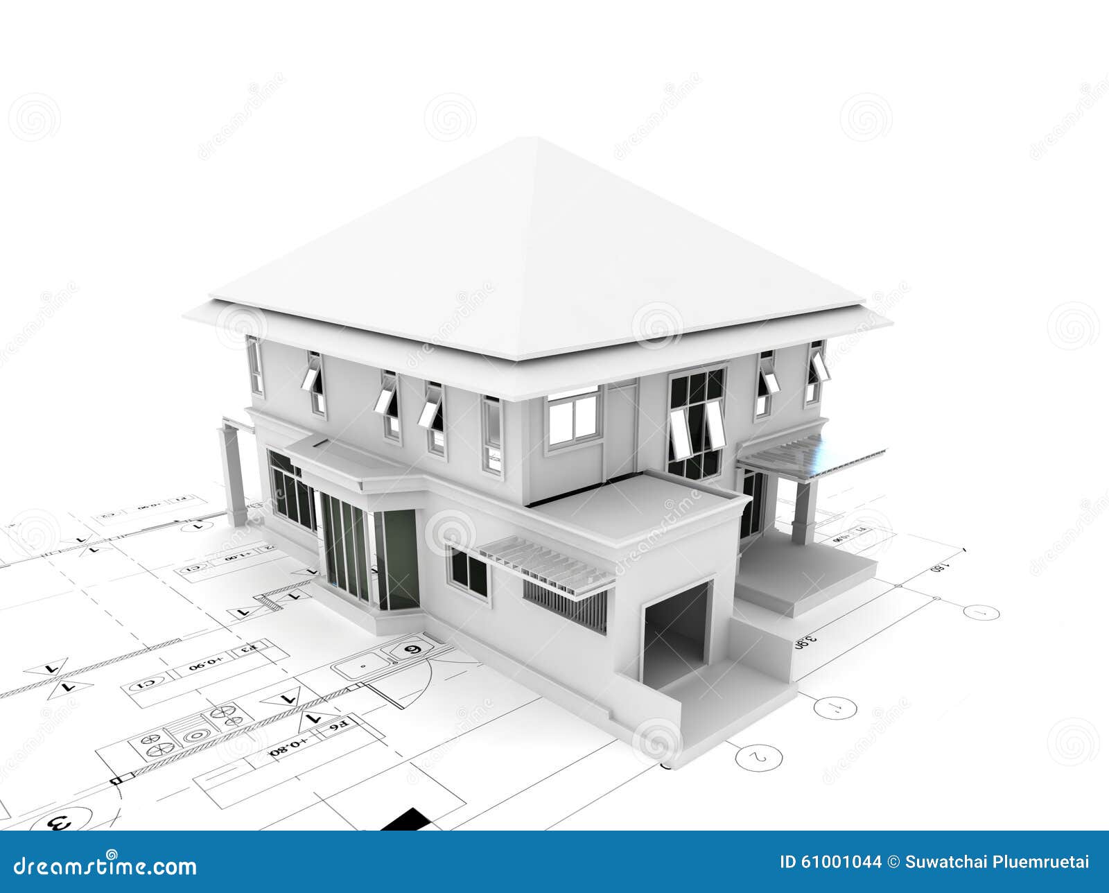 3d render of house on plan stock illustration. Illustration of project ...