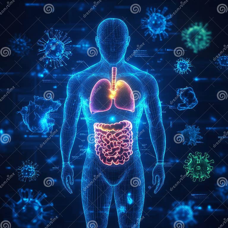 3D Render of Human Digestive System with Virus and Bacteria on Dark ...