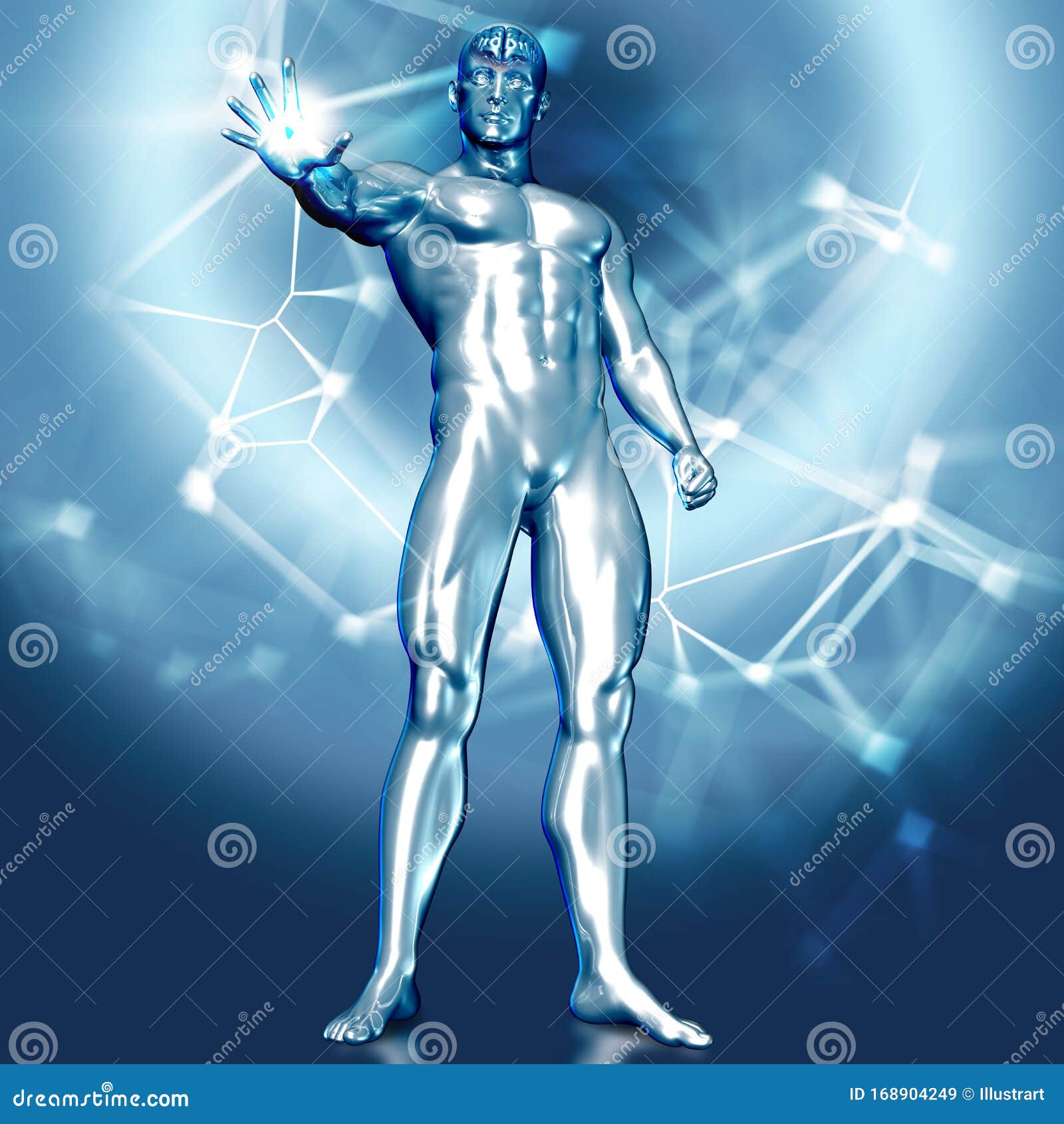 3D Render of a Human Figure with Brain Highlighted and a Light Ball in ...