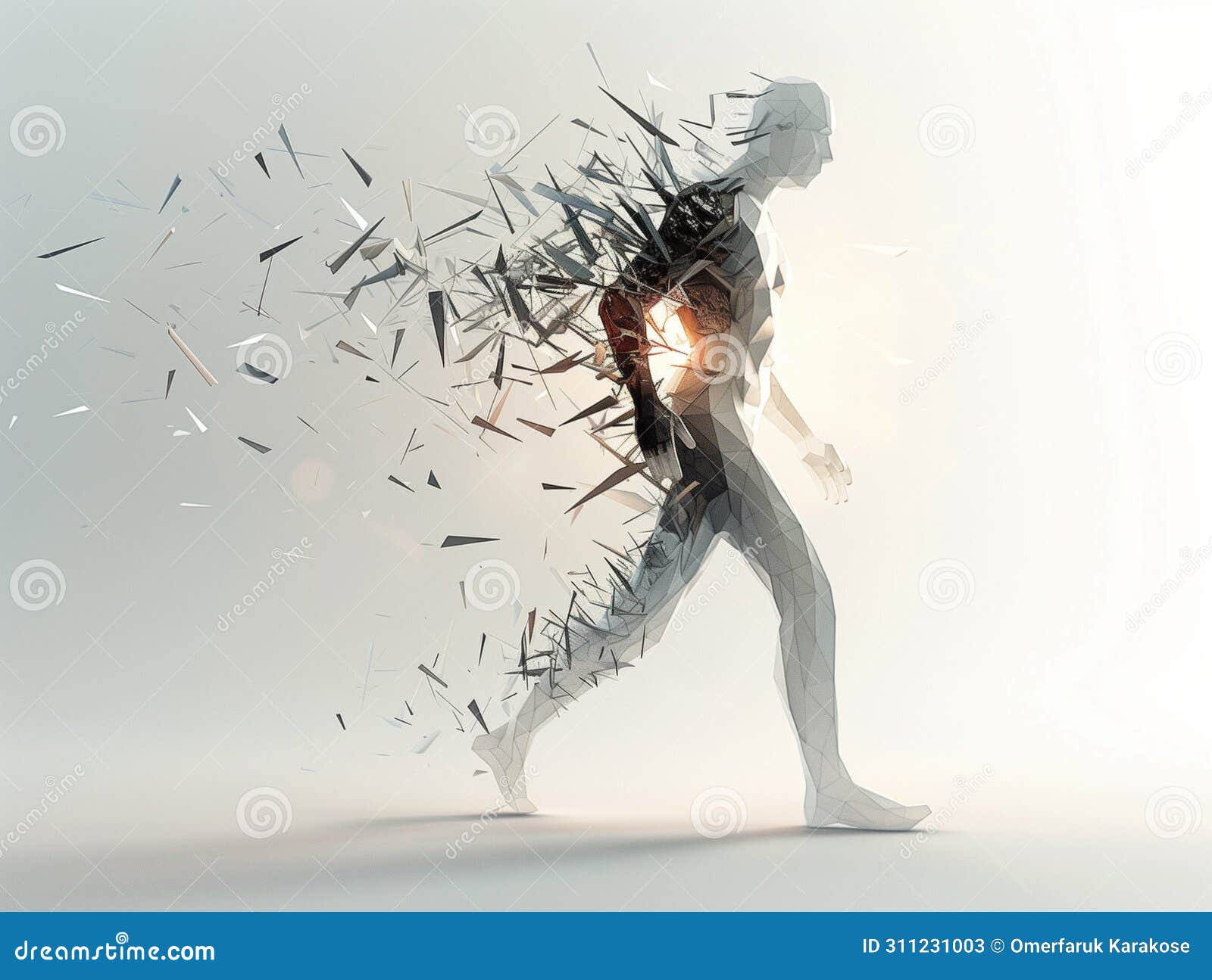 A Human Figure Made of Broken Pieces, Running Towards the Light Stock ...