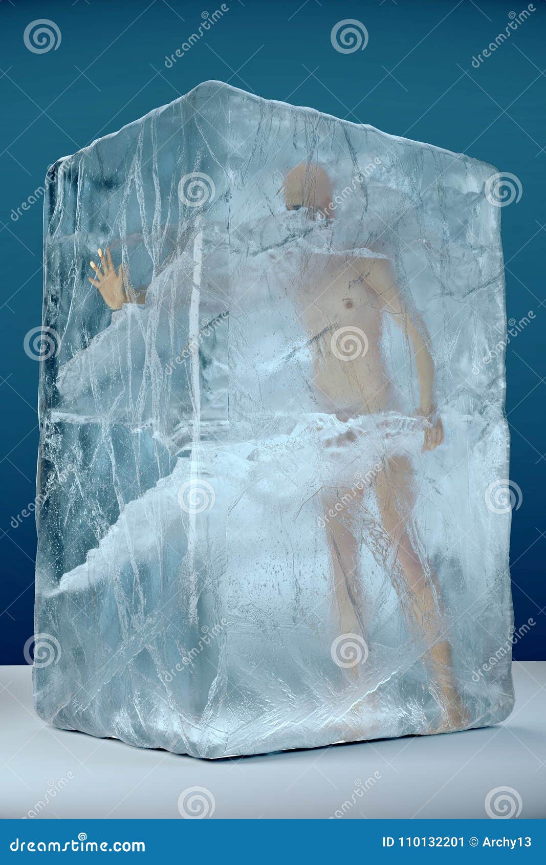 3d Render Of Human Frozen In Big Ice Block With Cracks And Facets ...