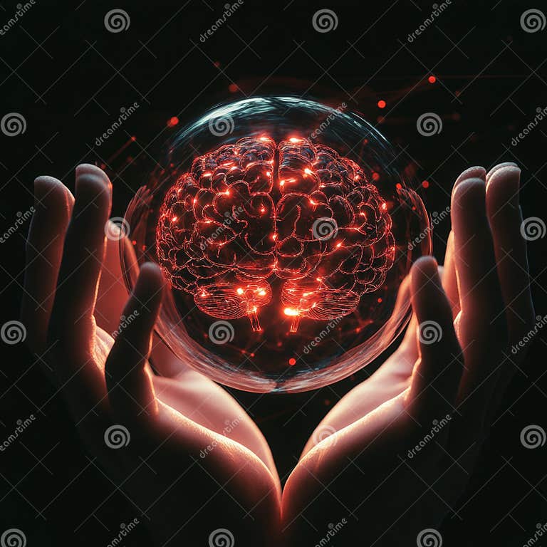 3d Render of Human Hands Holding a Crystal Ball with the Brain Inside ...