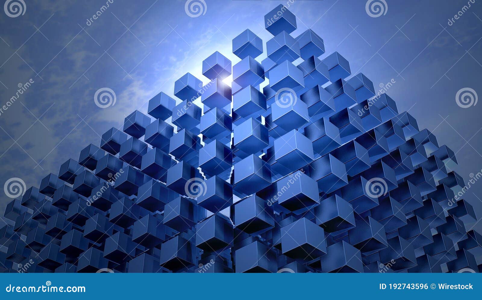 3D Render of Hundreds of Blue Cubes with the Blue Sky in the Background ...