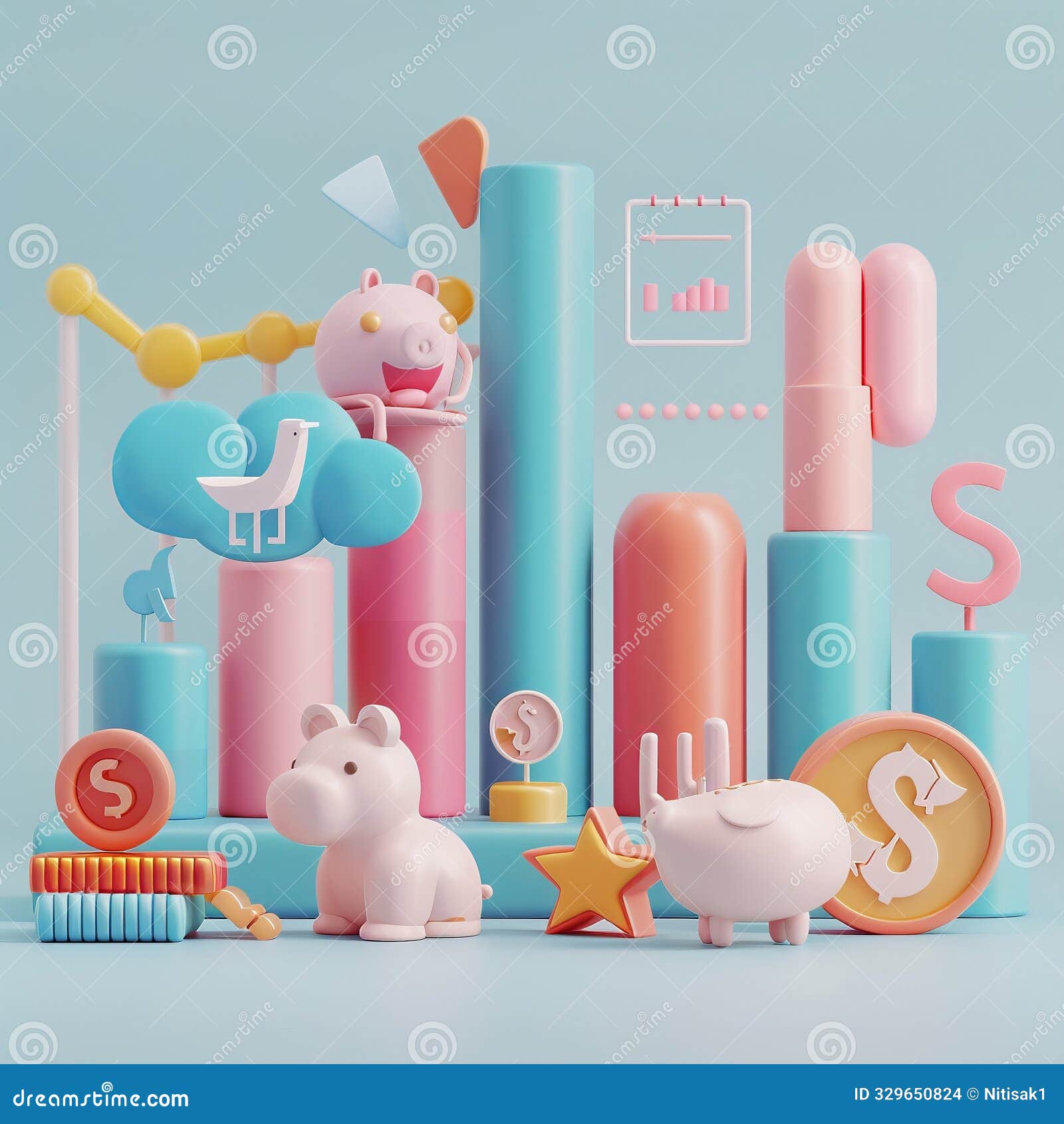 3D Render Icon Bar Chart with Cute Icons Showing Financial Data Icon 3d ...