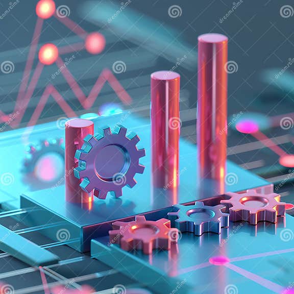 3D Render Icon Bar Chart with Gears and Cogs Representing Different Business Sectors Icon 3d ...