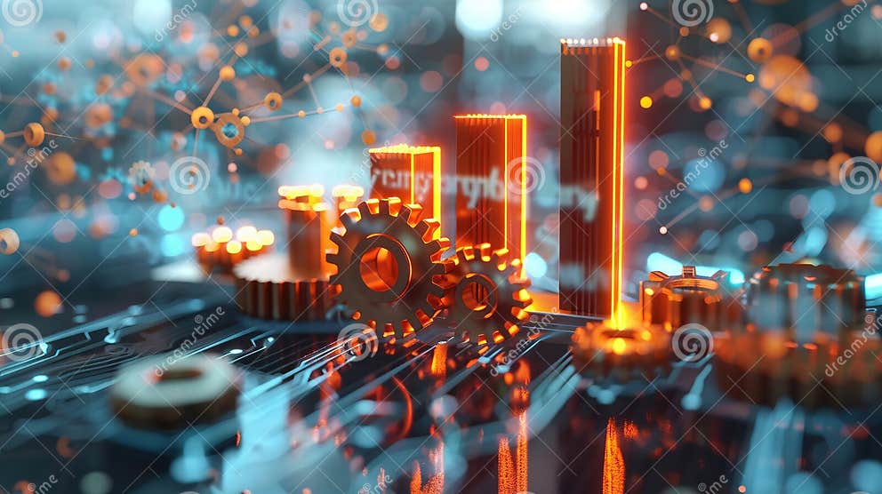3D Render Icon Bar Chart with Gears and Cogs Representing Different ...