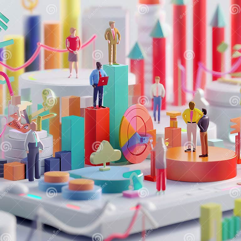 3D Render Icon Scatter Plot with Cute Creatures Interacting on a Solid ...