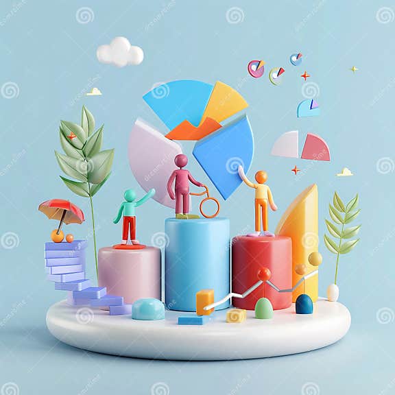 3D Render Icon Scatter Plot with Cute Creatures Interacting on a Solid ...