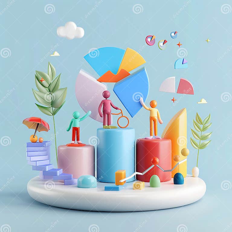 3D Render Icon Scatter Plot with Cute Creatures Interacting on a Solid ...