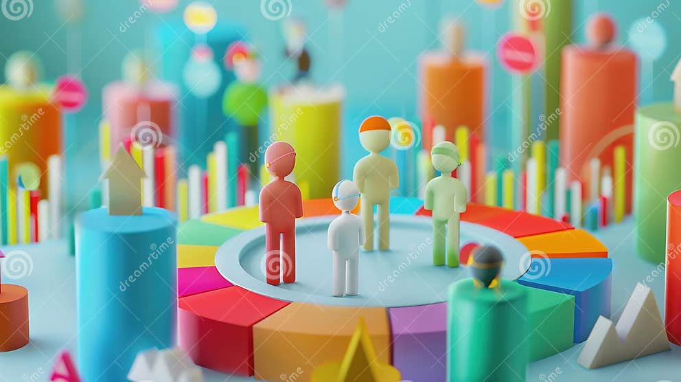 3D Render Icon Scatter Plot with Cute Creatures Interacting on a Solid ...