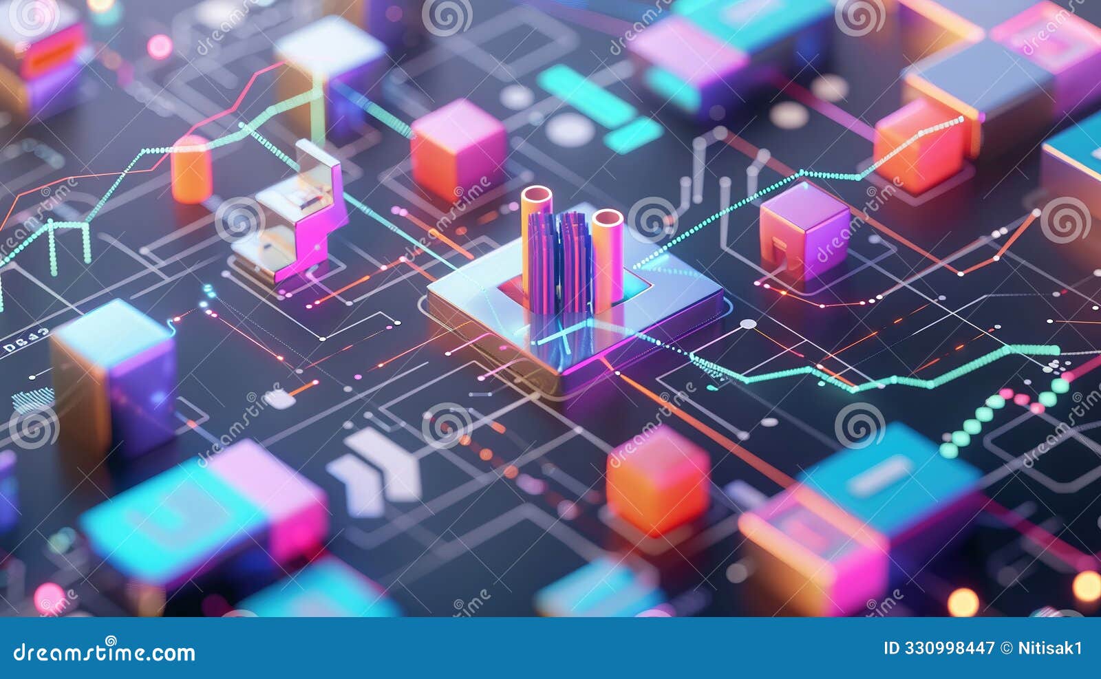 3D Render Icon Scatter Plot With Interconnected Nodes Visualizing Data Flow Across Different ...