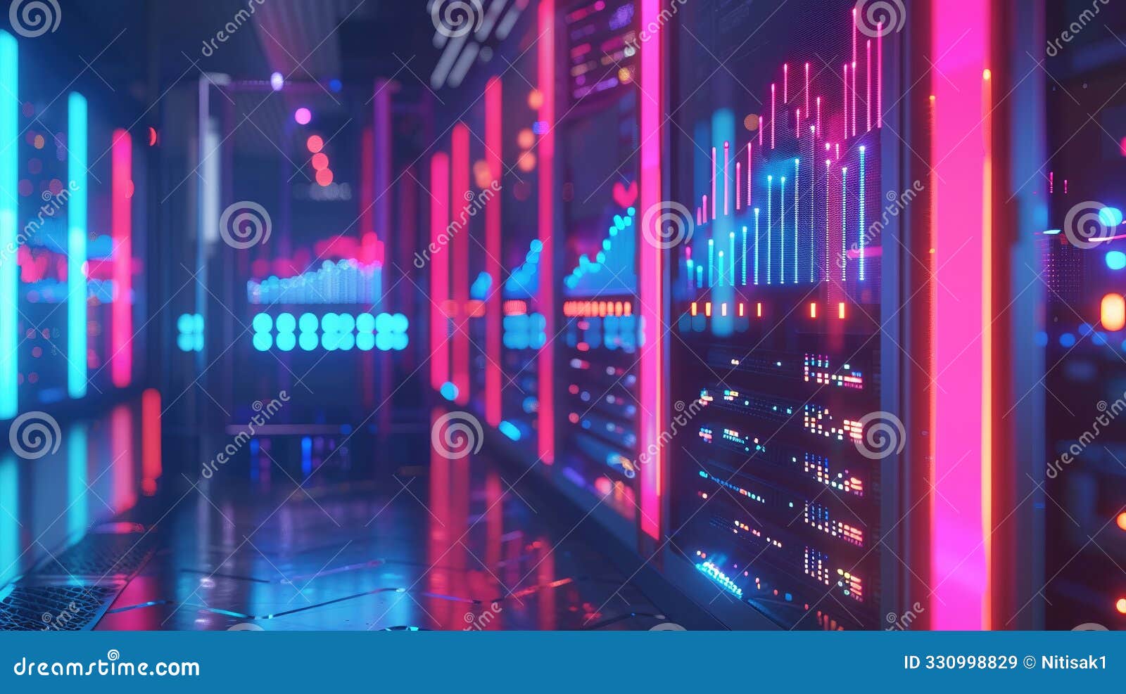 3D Render Icon Server Room with Data Flowing through Cables a Chart ...