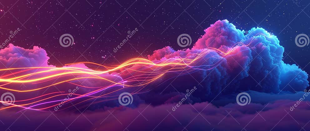 A 3D Render of Illuminated Clouds with Glowing Neon Lines. Excellent ...