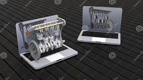 3D Rendering - Inline Engine Design on a Laptop Stock Illustration ...