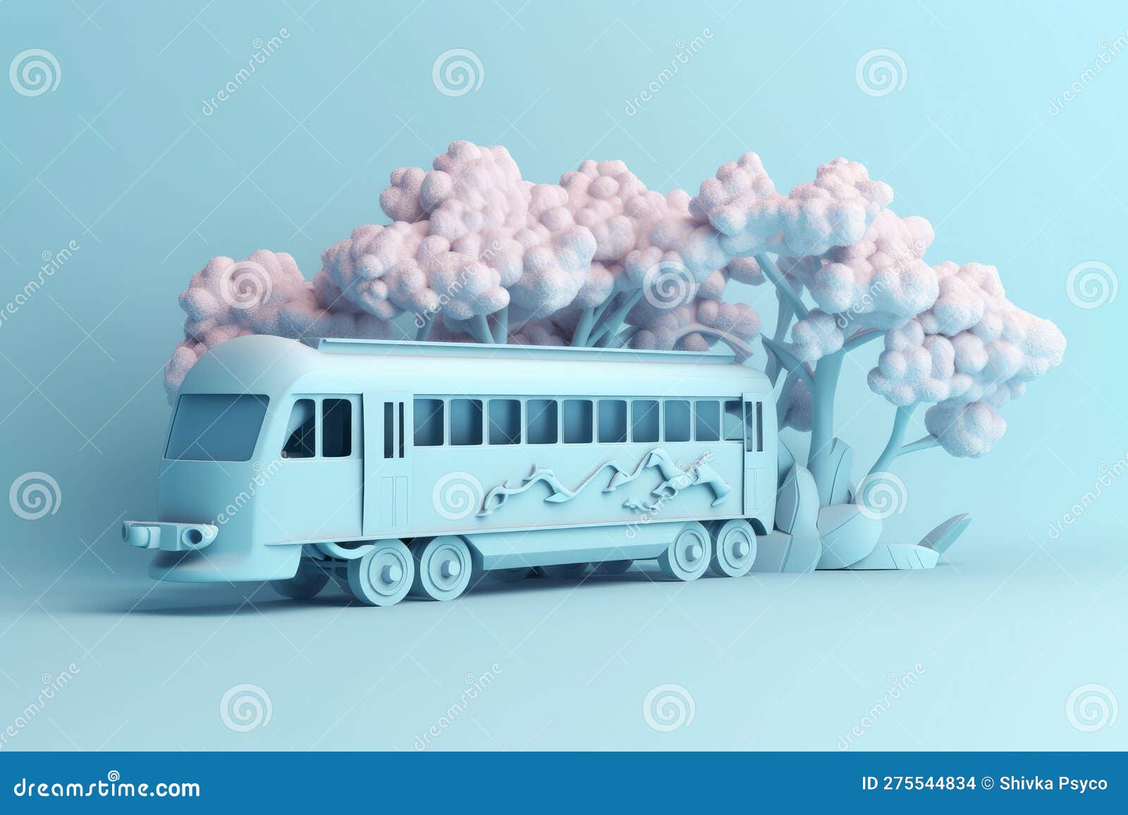 3d Render Illustration of Cute Modern Train Passes from Tree Generative ...