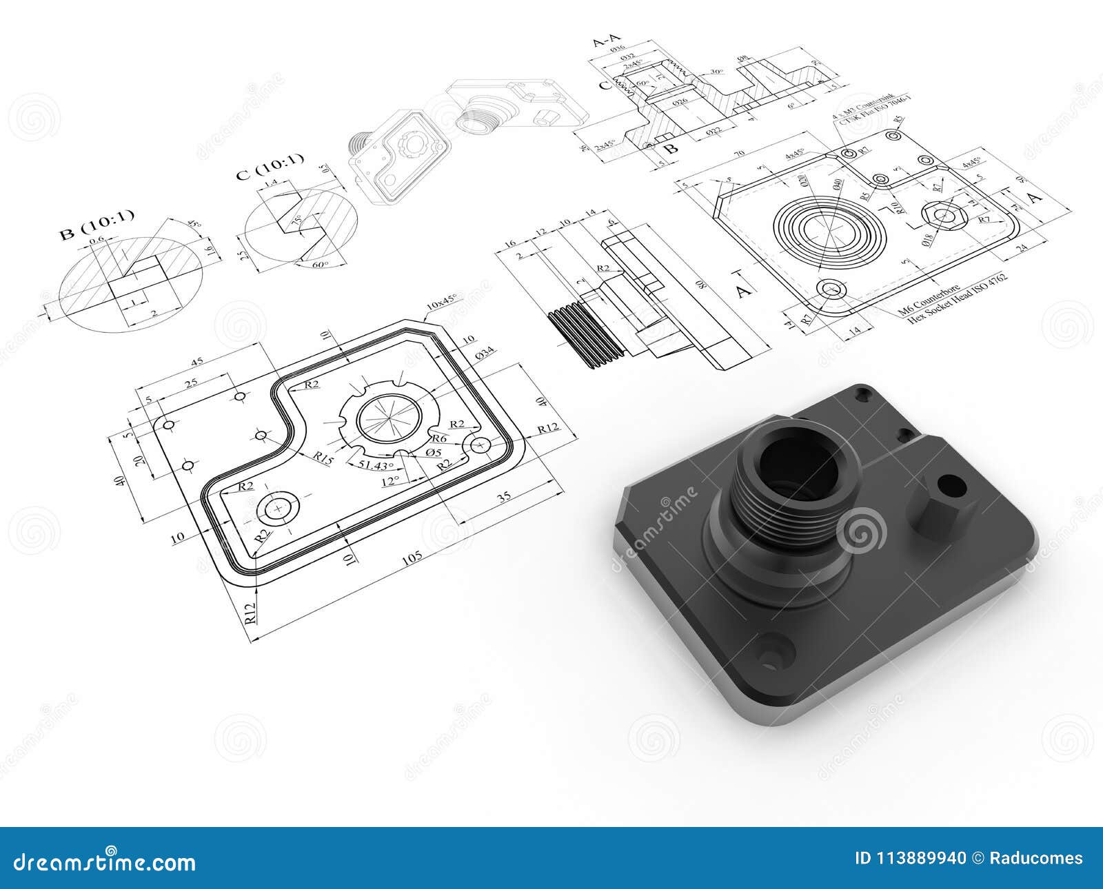Engineering Part on Technical Drawing Stock Illustration - Illustration ...