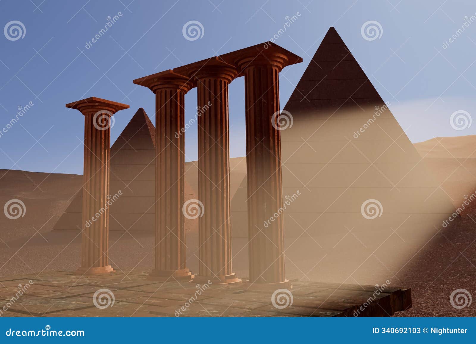 3d Render Illustration a Desert Landscape with Three Pyramids and Four ...