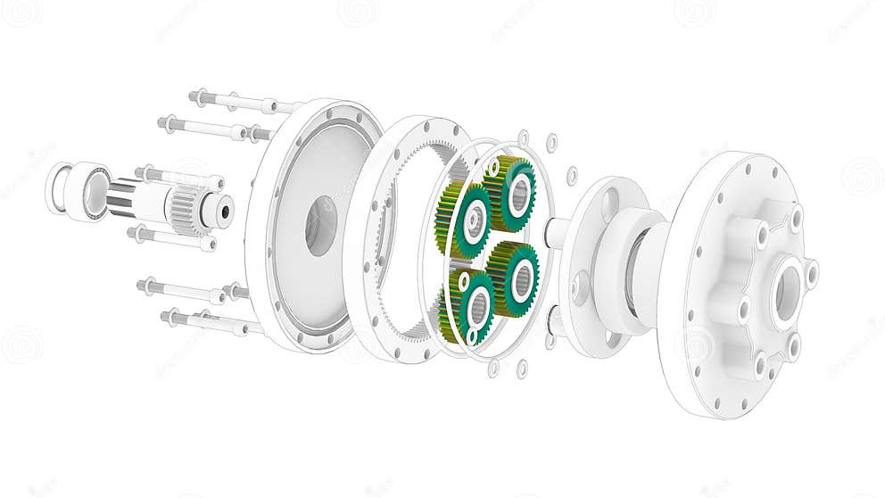 3D Rendering - Exploded View of a Gear Box Stock Illustration ...