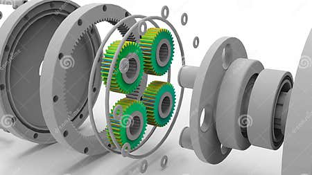 3D Rendering - Exploded View of a Mechanical Assembly with Four Gears ...