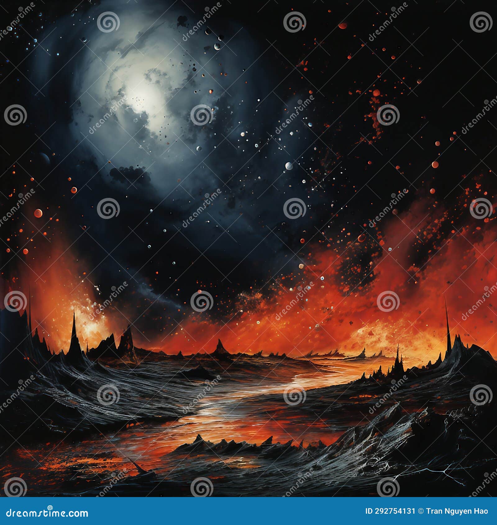 Fantasy Landscape with Fire and Moon, 3d Render Illustration. Stock ...