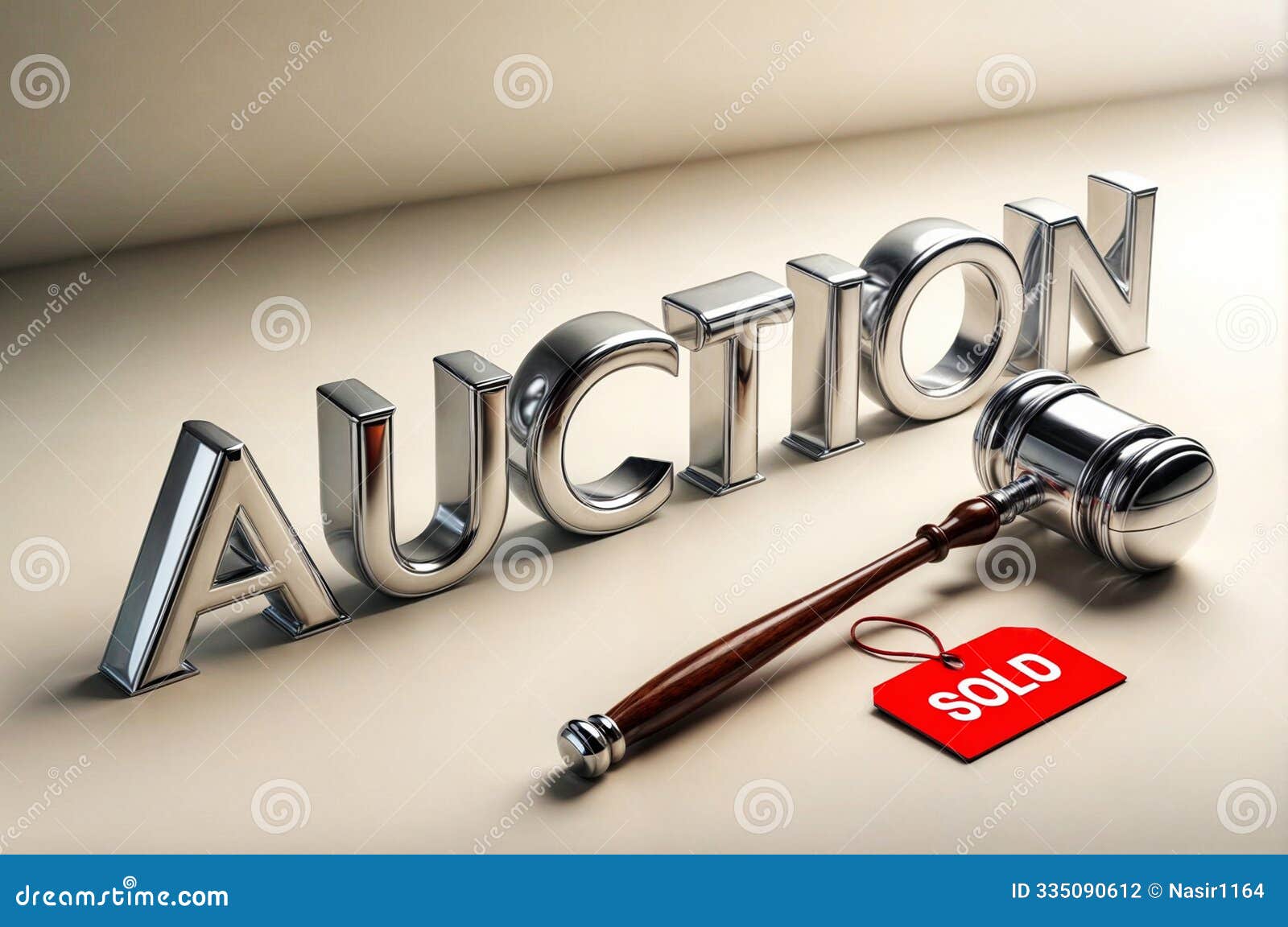 3d Illustration Render of Gavel, Sold Tag and Silver Metallic Text Word ...