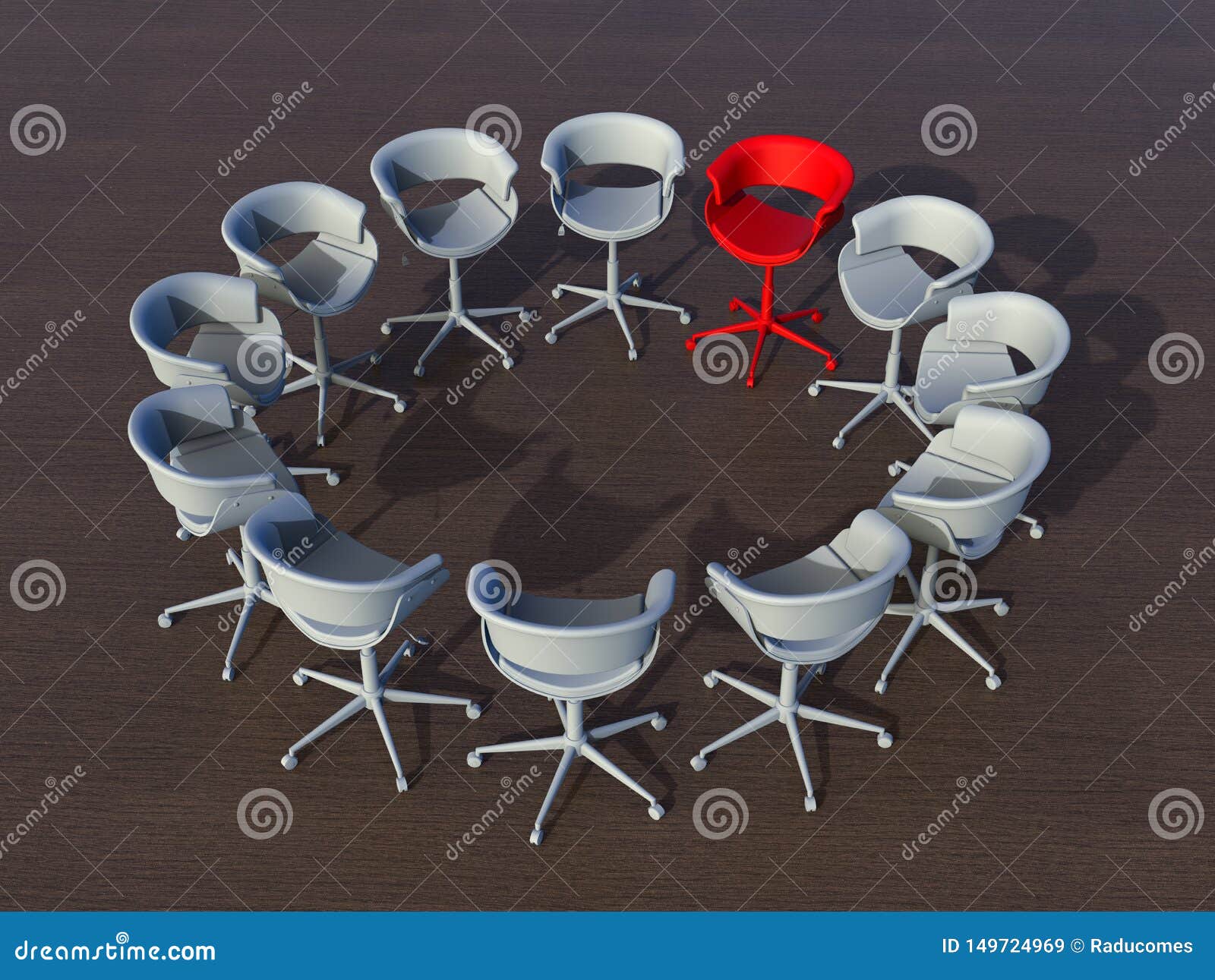 Red Leader Chair With Large Group Of Black Chairs Stock Photo ...