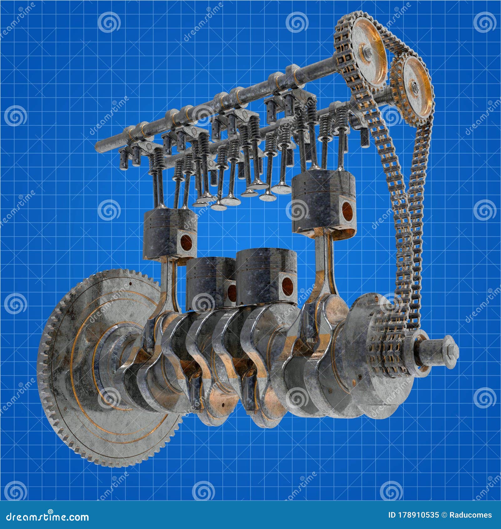 3D Rendering - Blue Print - Rusty 4 Inline Engine Stock Illustration ...