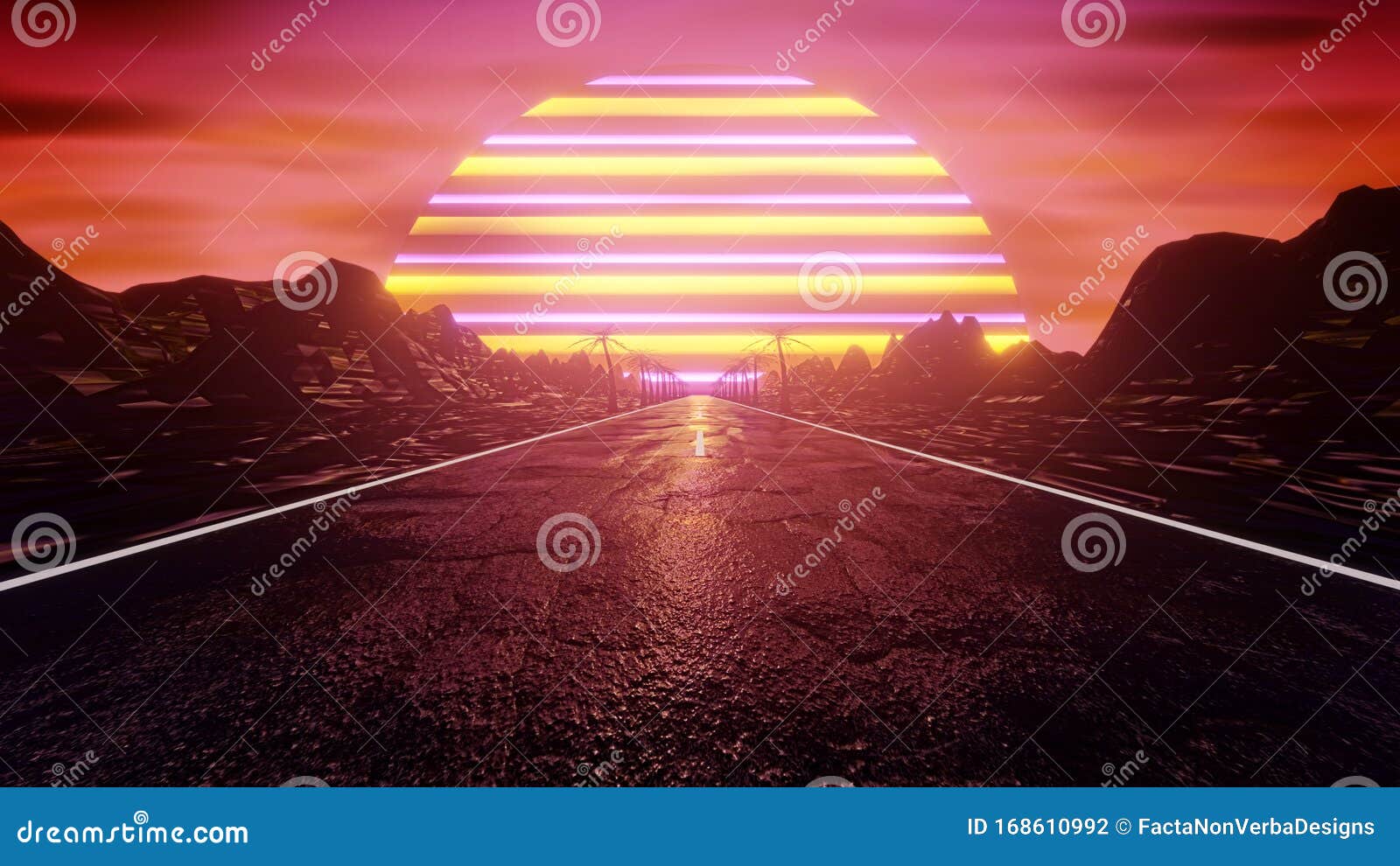 3d Render Illustration 80s Retro Synthwave Road Stock Illustration ...