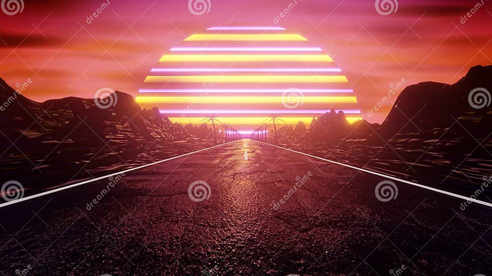 3d Render Illustration 80s Retro Synthwave Road Stock Illustration ...