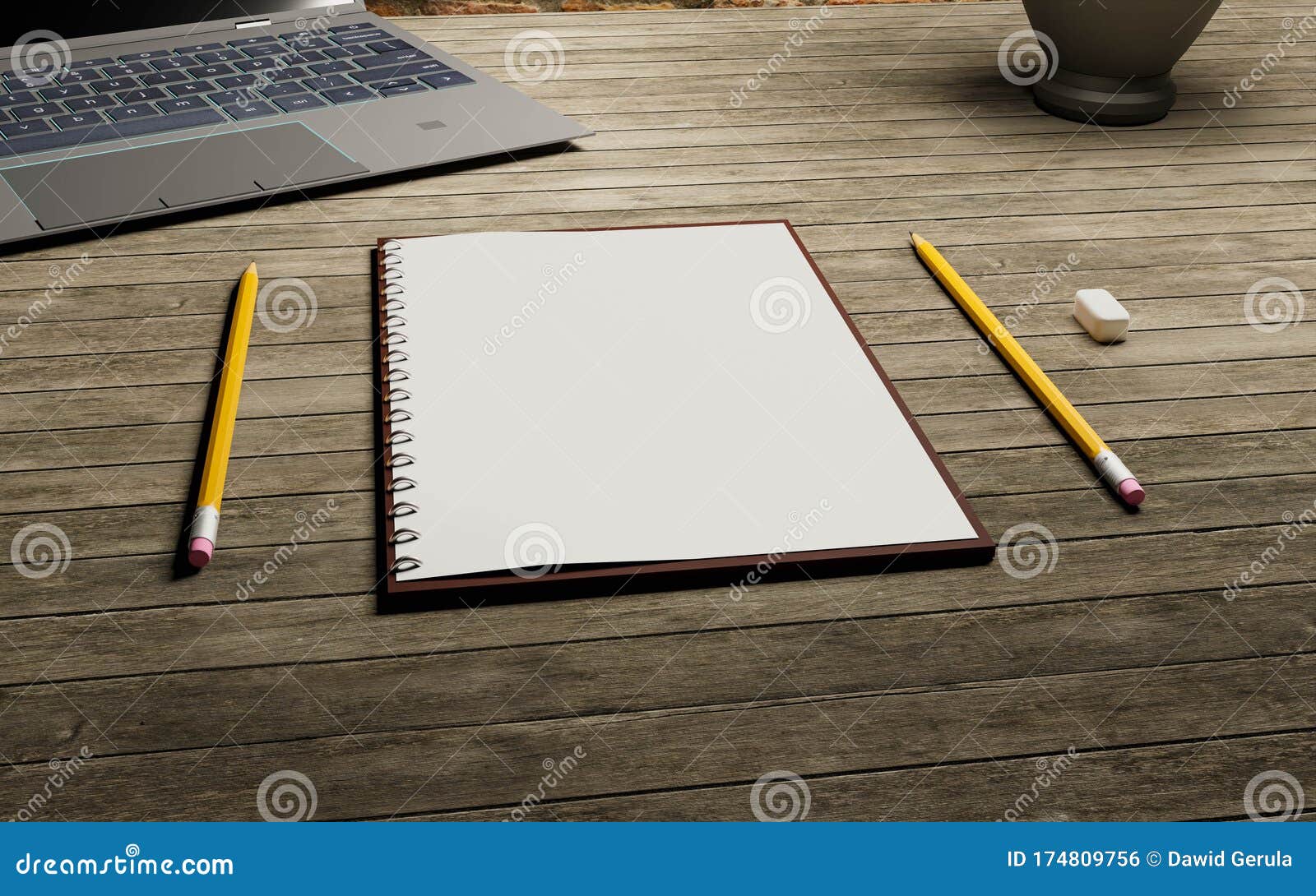 3D Render Illustration of Side View Blank Notebook with Pencils and ...
