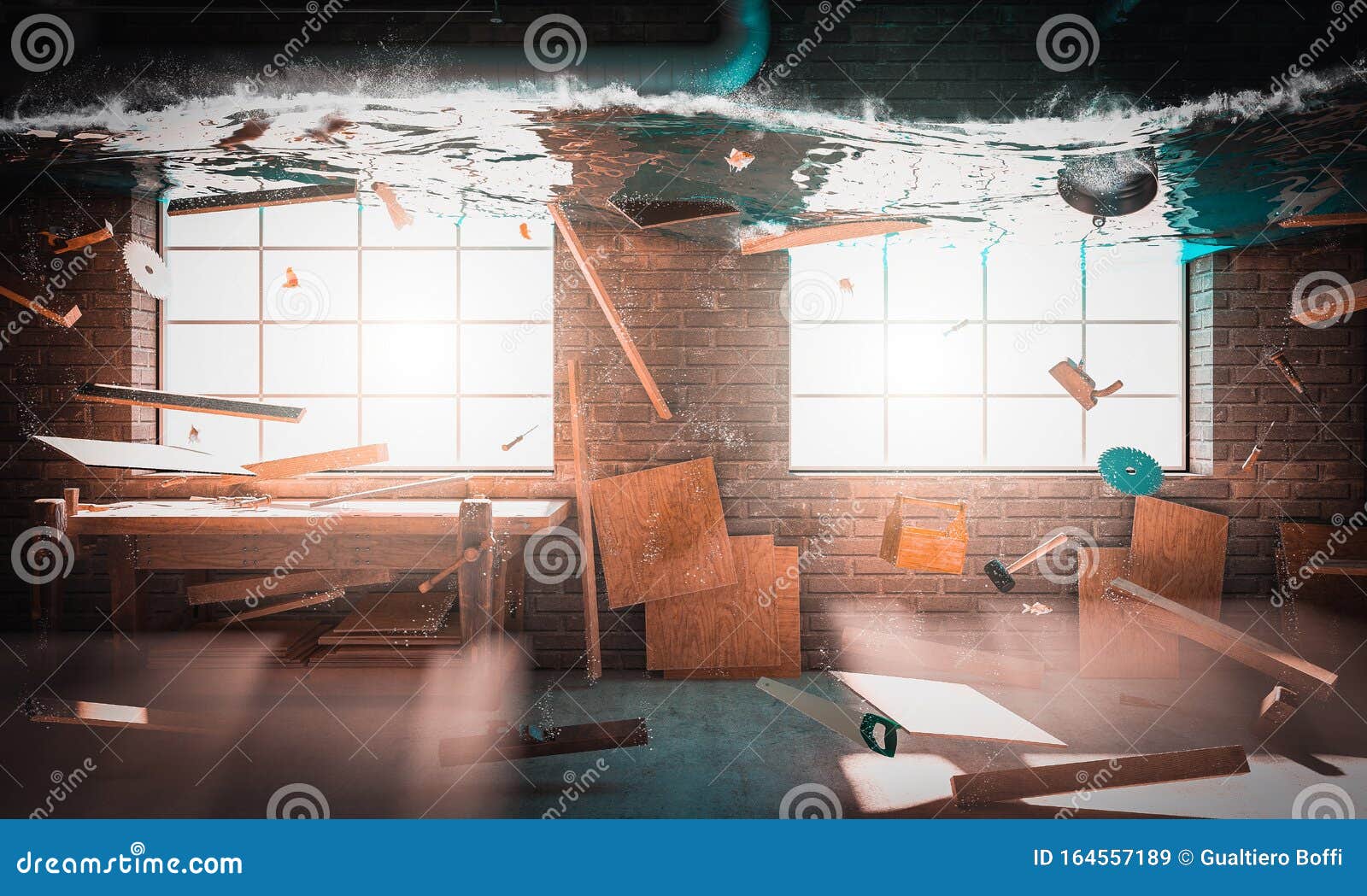3d Render Image of a Completely Flooded Carpentry Workshop Stock ...