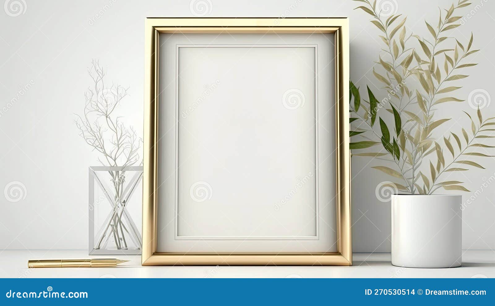 3D Render of Image Placeholder Frame with Golden Pen, Plant Pots Stock ...