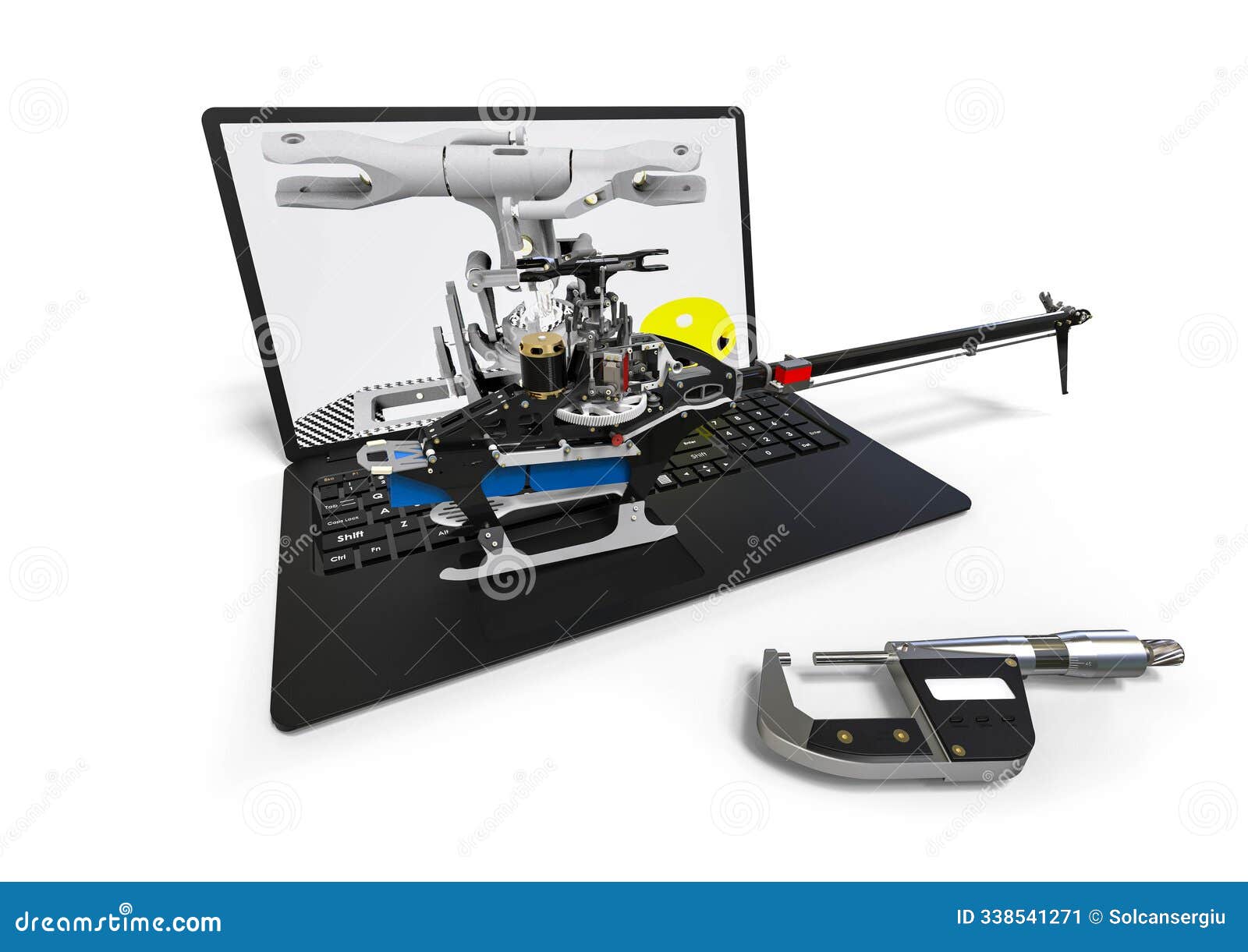 3D Render Image of a RC Helicopter with a Laptop Representing CAD of a ...