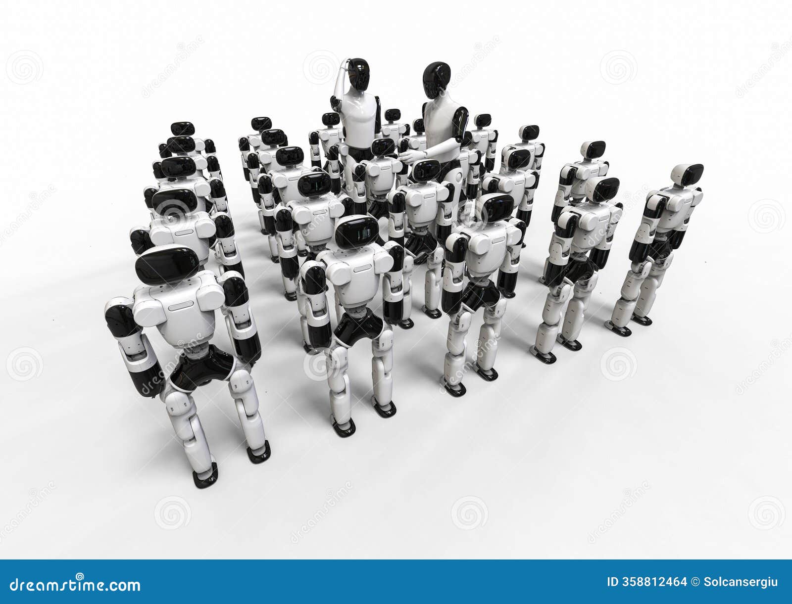 Humanoid Robots Working On Assembly Line Near Conveyor Bolt Cartoon ...