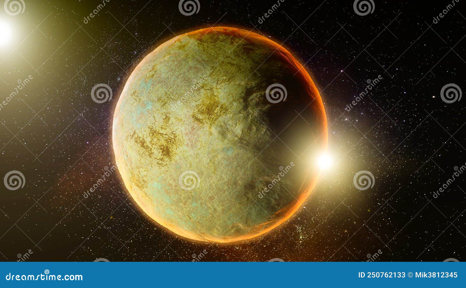 Fictional Planet Sun Rise In Dark Background With Stars. Front View Of ...