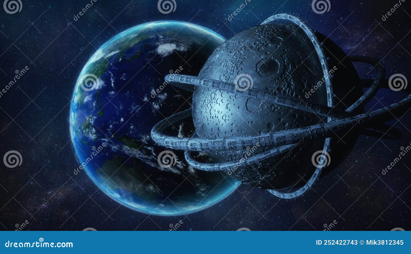 Fictional Planet Sun Rise In Dark Background With Stars. Front View Of ...