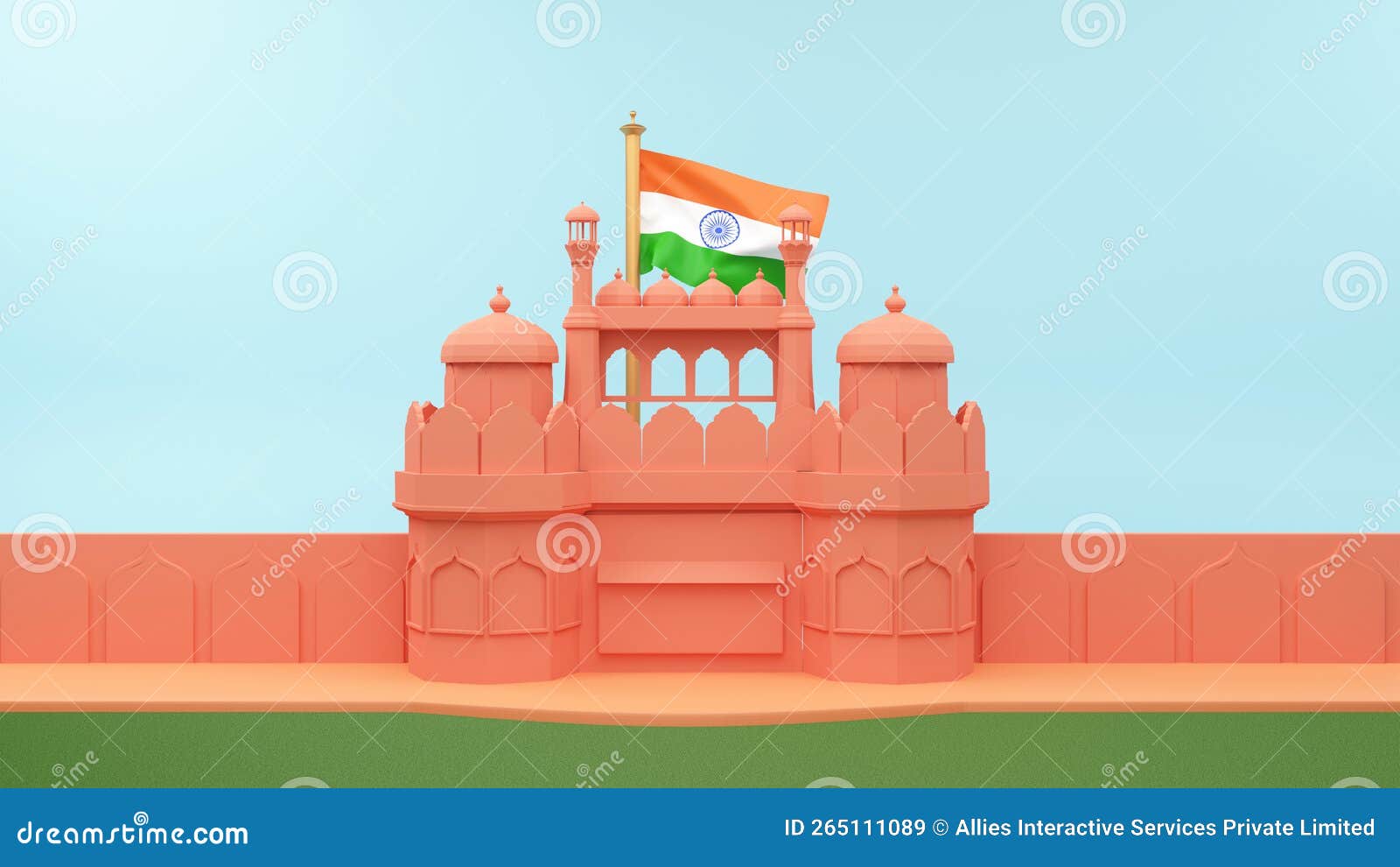 3D Render of India Flag Behind Red Fort Monument on Light Turquoise and ...