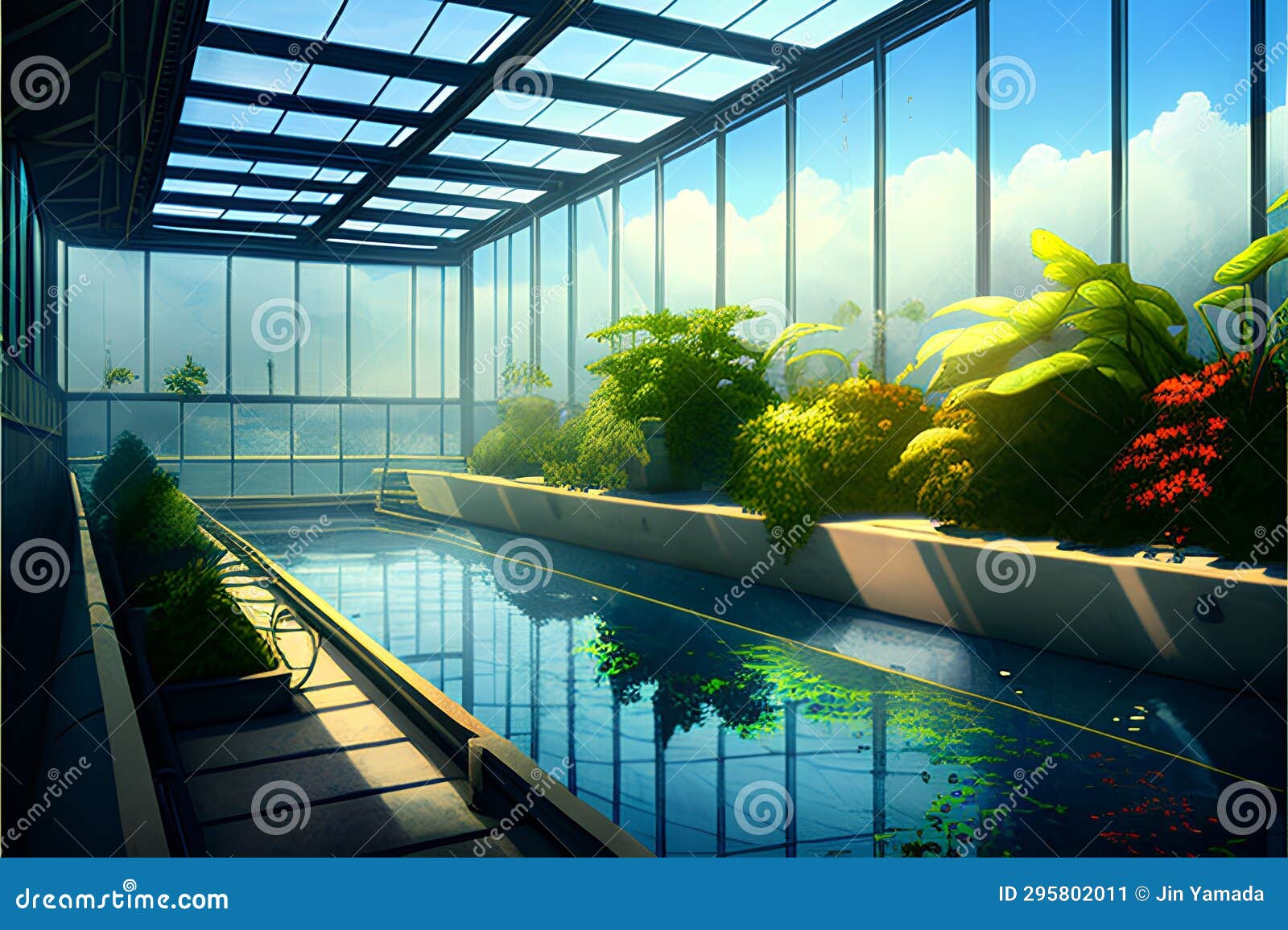 3D Render of an Indoor Garden with a Swimming Pool and Plants Stock ...