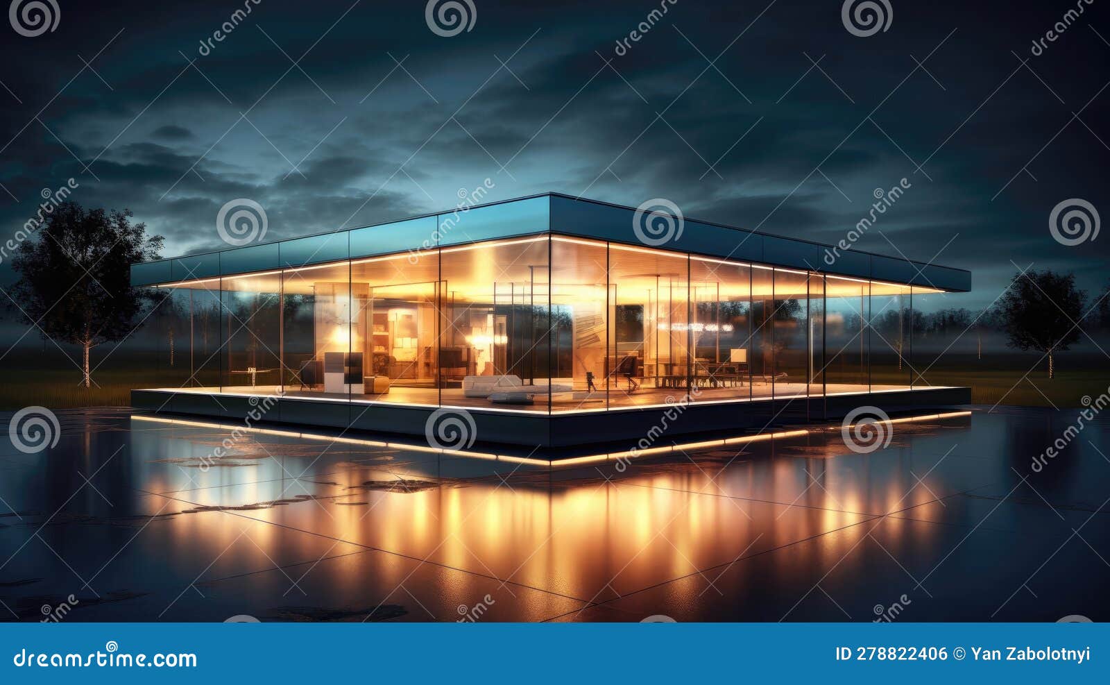 3D Render Interactive Smart Glass House with Mood Lighting. Generative ...